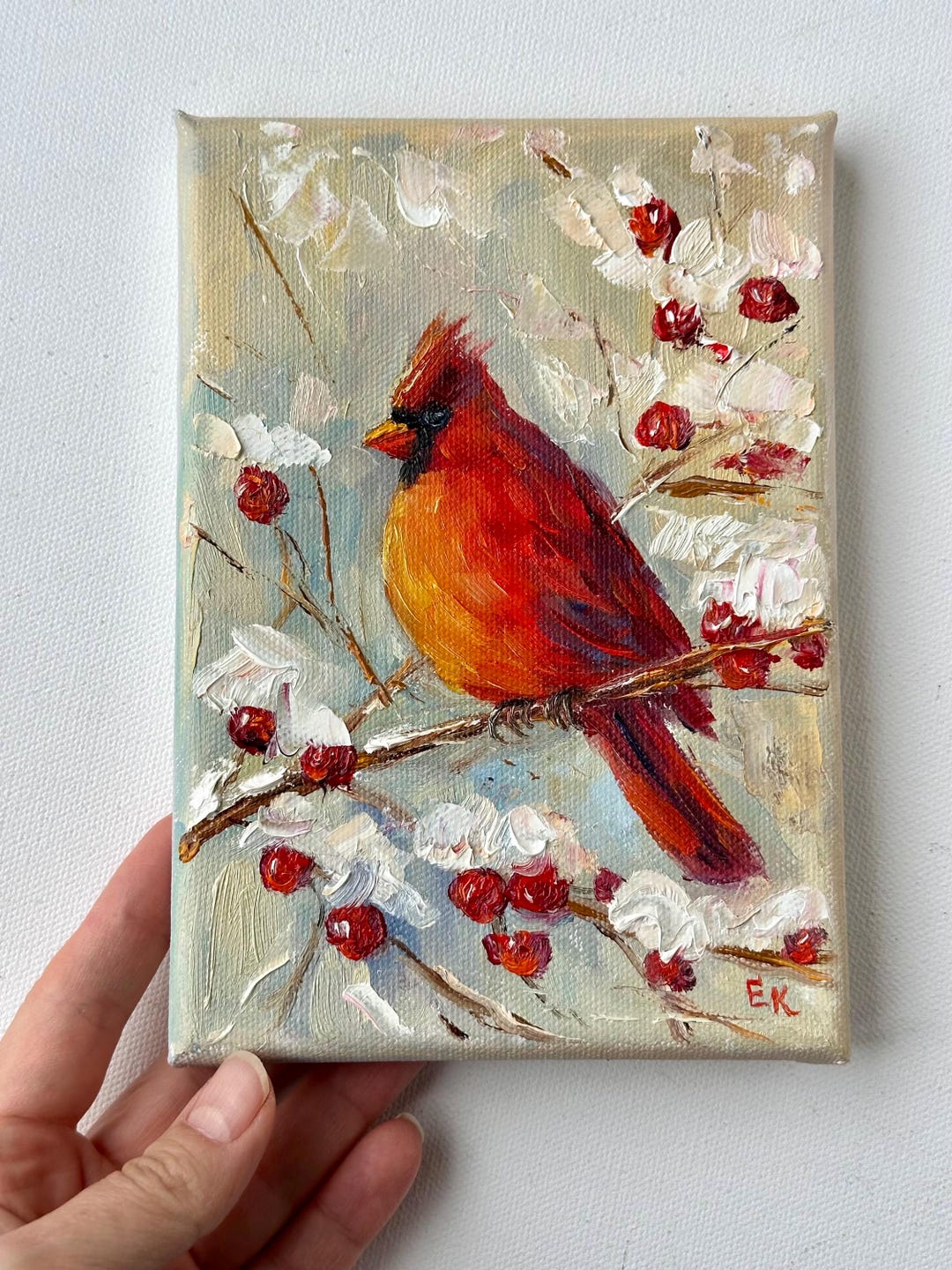 Red Cardinal Bird Original Oil Painting Gift Wall Art 5 by 7 Inch ...