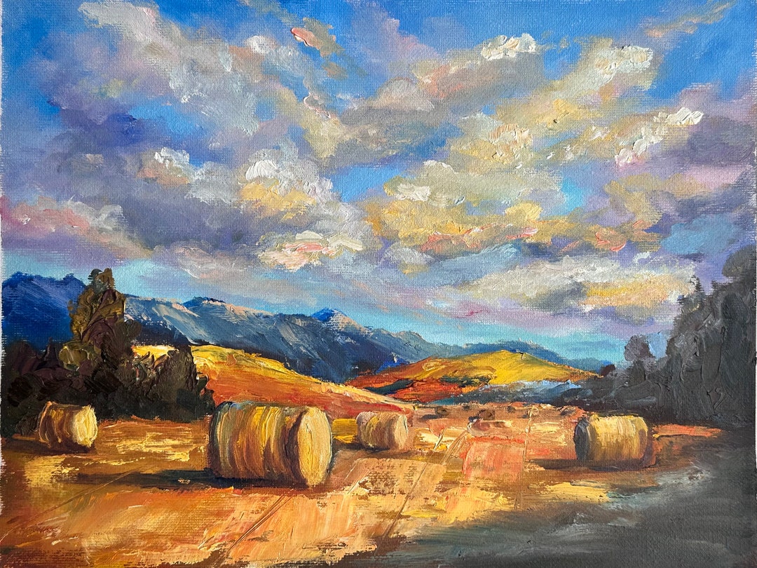 Fall Landscape Haystacks Oil Painting Fall Landscape Artwork Autumn ...