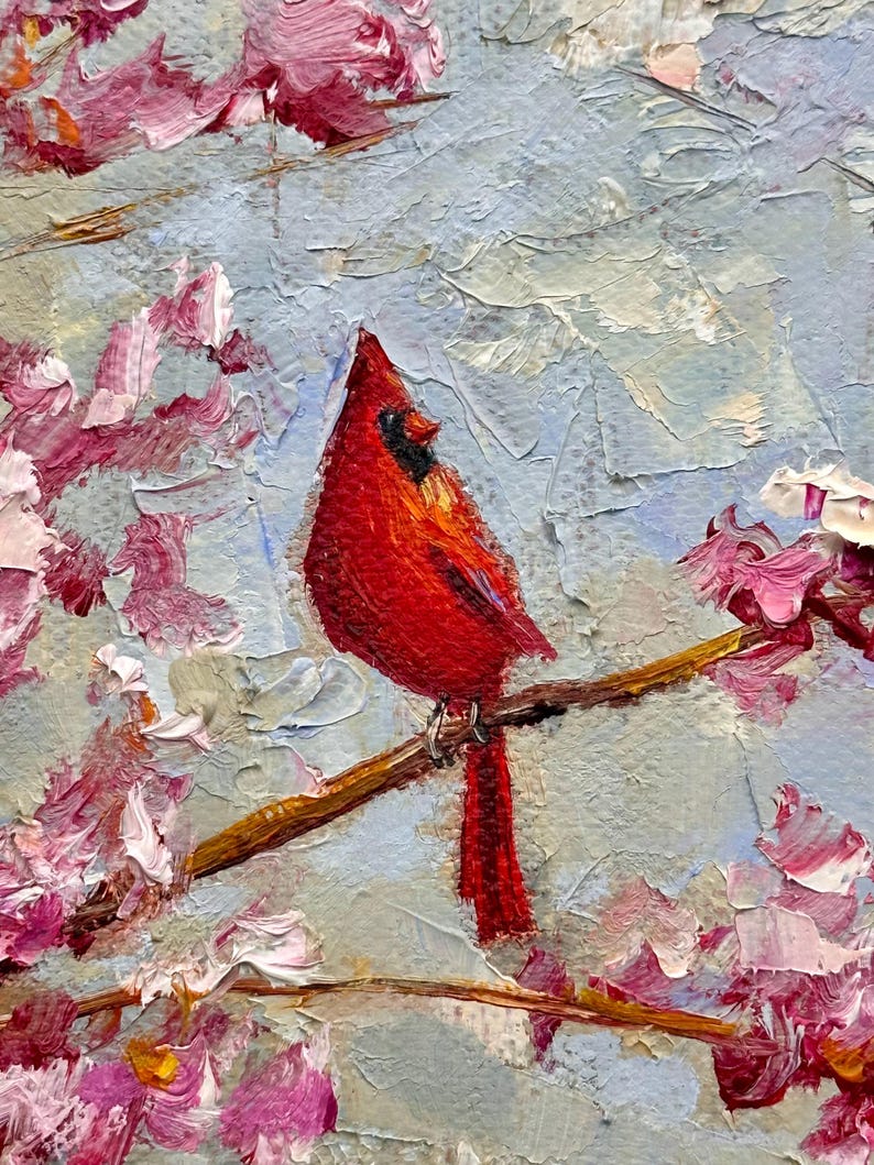 Red Cardinal Spring Bird Art Original Oil Painting 8x8 Canvas - Etsy