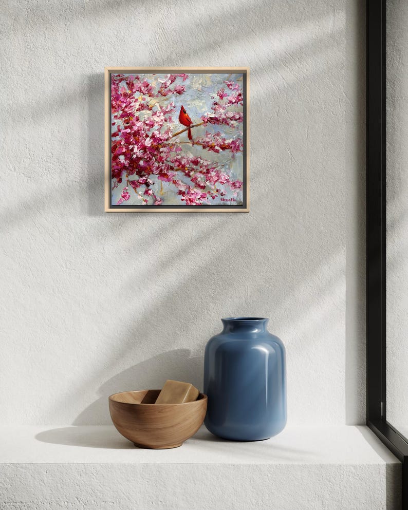 Red Cardinal Spring Bird Art Original Oil Painting 8x8 Canvas - Etsy