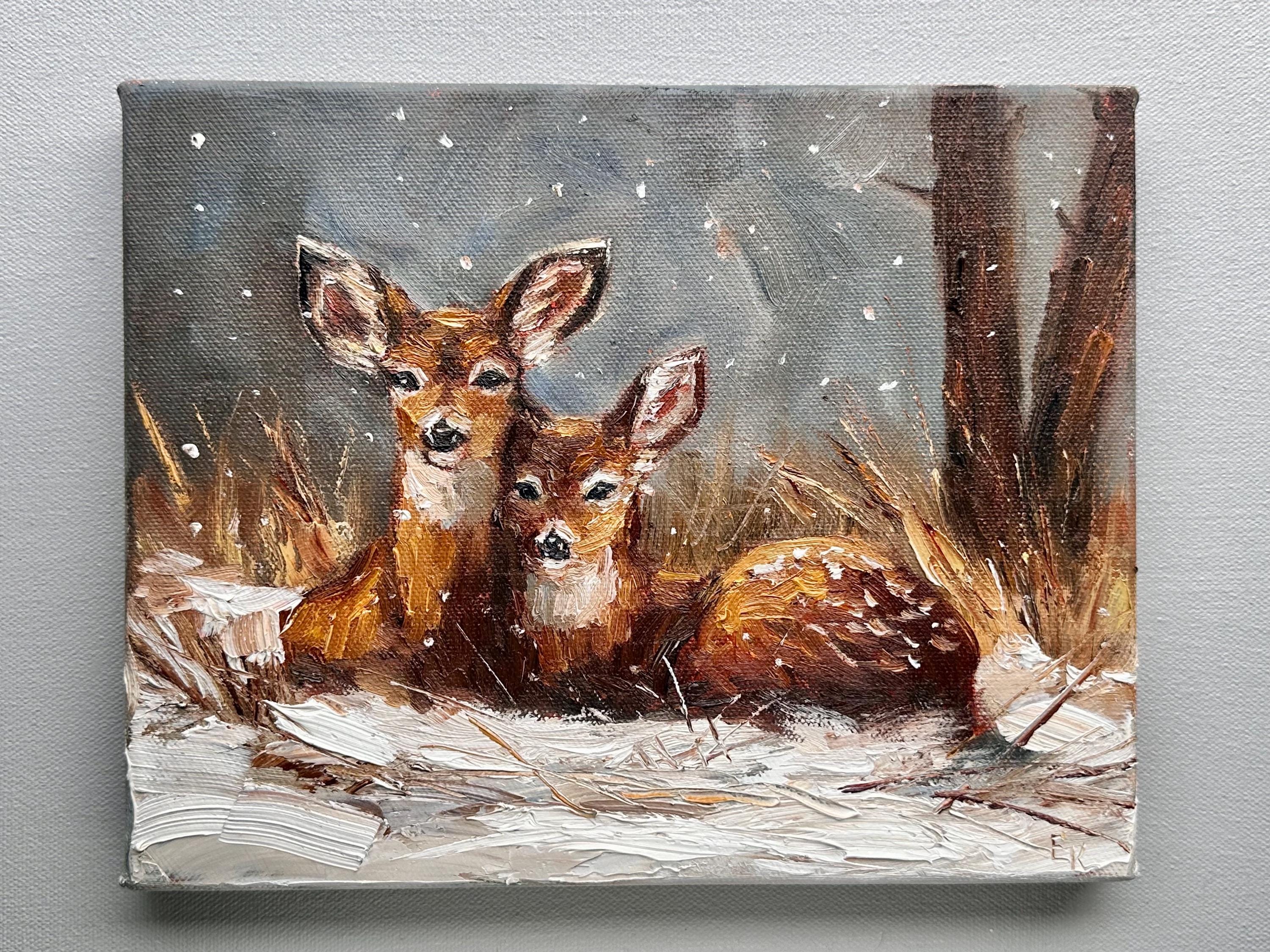 Deer in Snow Oil Painting: Winter Woodland Landscape, 8x10 Canvas - Etsy