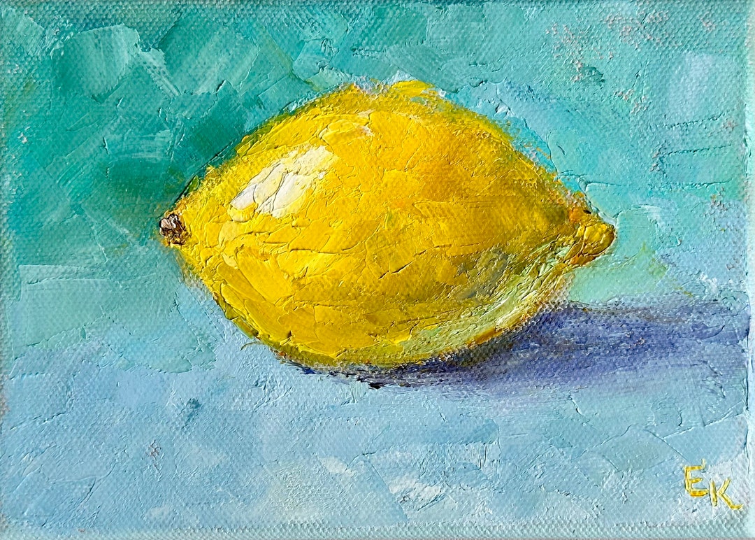 Lemon Oil Painting Original Kitchen Small Art Food Artwork on Stretched ...