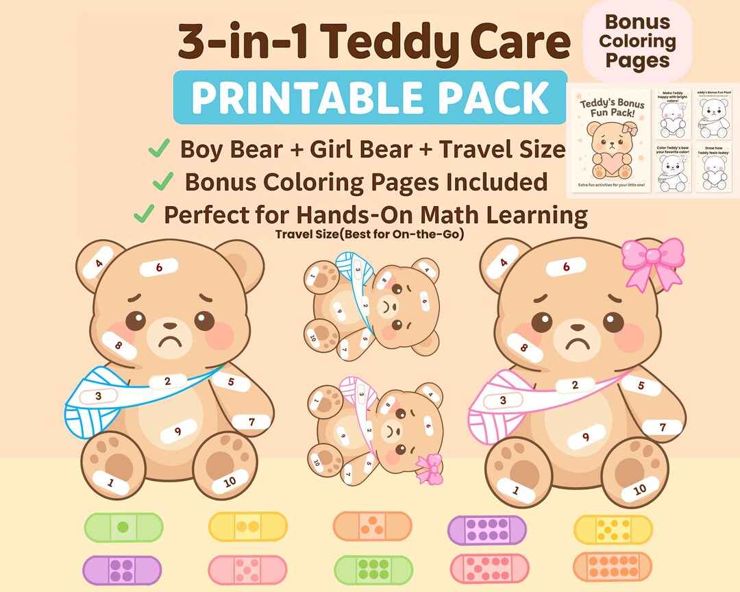 Sick Teddy Counting Game Printable | Boy + Girl + Travel Size | Math ...