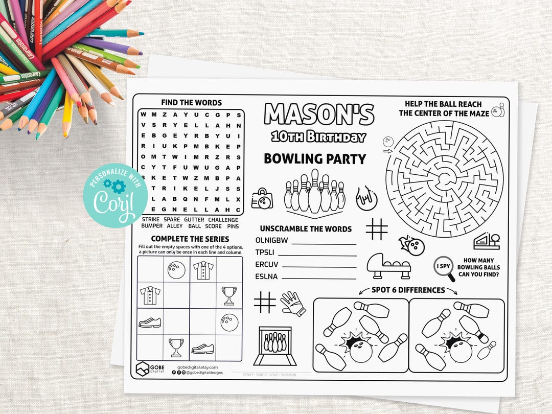 Bowling Activity Sheet | Bowling Party Favor | Bowling Placemat ...