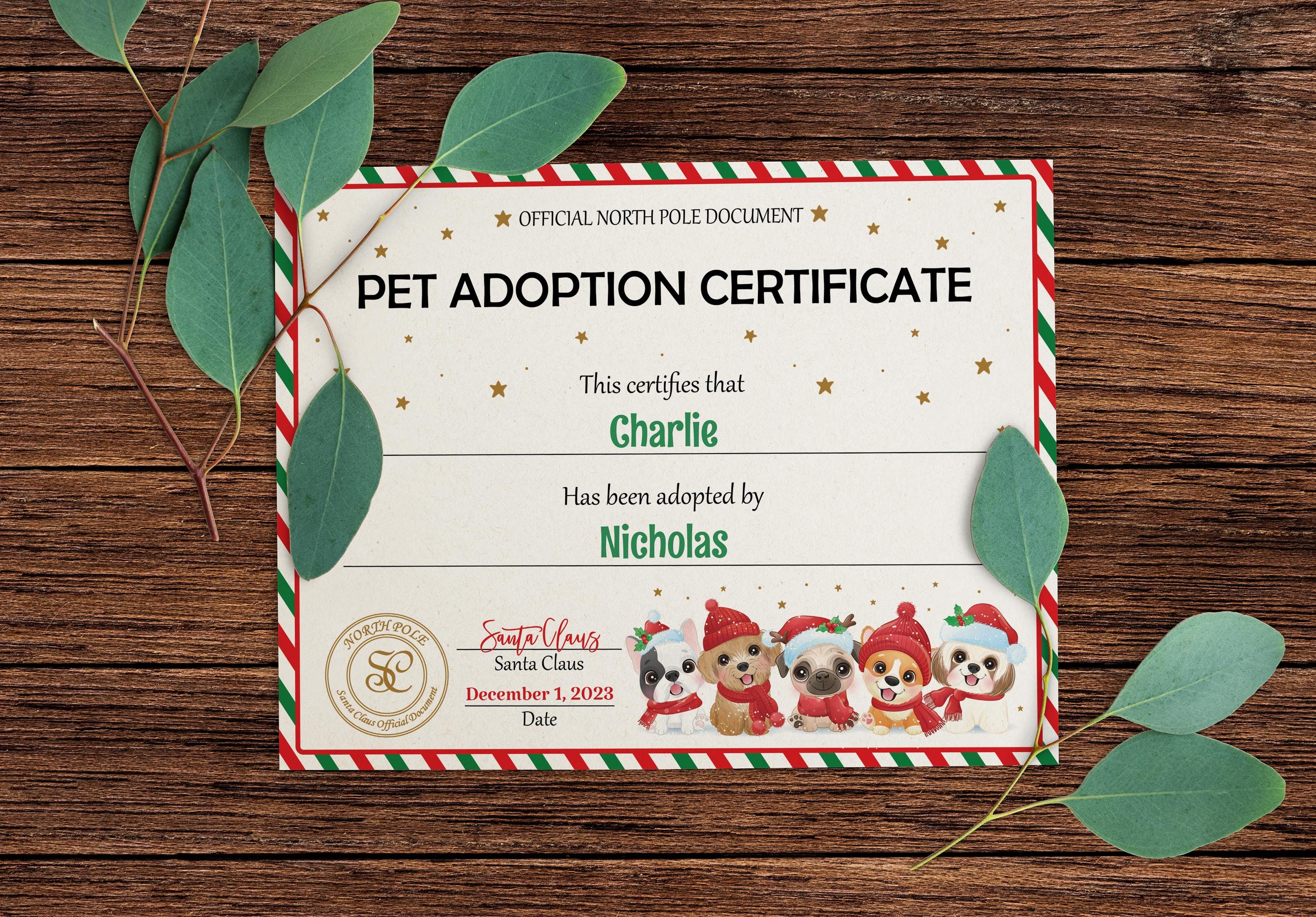 Santa's Official Pet Adoption Certificate. Adopt a Pet on Christmas ...