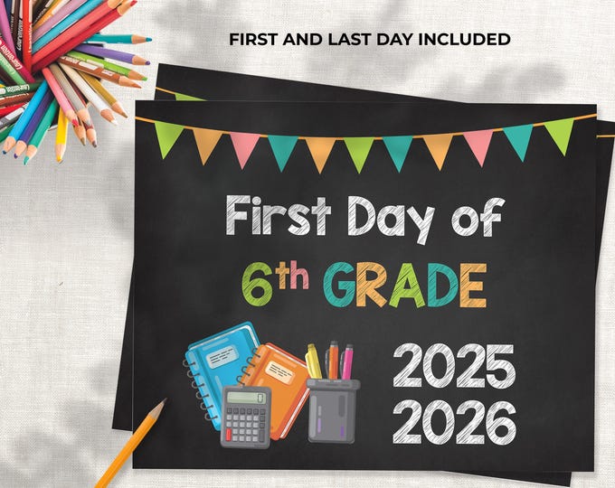 First Day of 6th GRADE Sign, Hello 6th Grade Printable Sign Blue 2025 ...