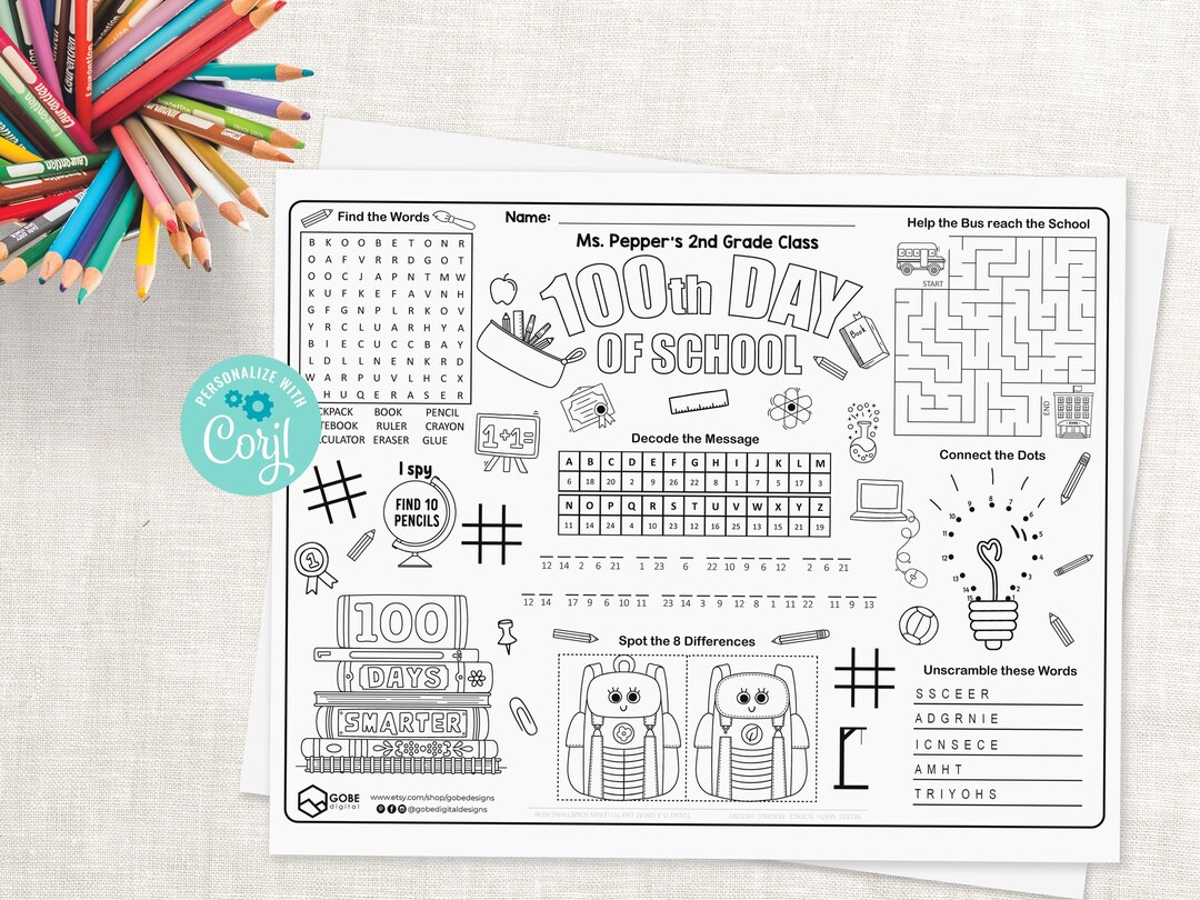 100th Day of School Activity Sheet & Placemat (digital Download) - Etsy