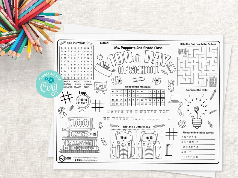 100th Day of School Activity Sheet & Placemat (digital Download) - Etsy
