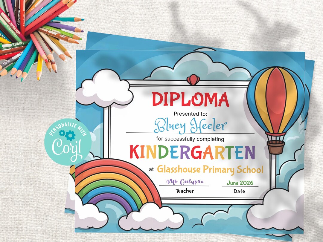 Graduation Certificate Diploma. Rainbow Hot Air Balloon. Editable ...