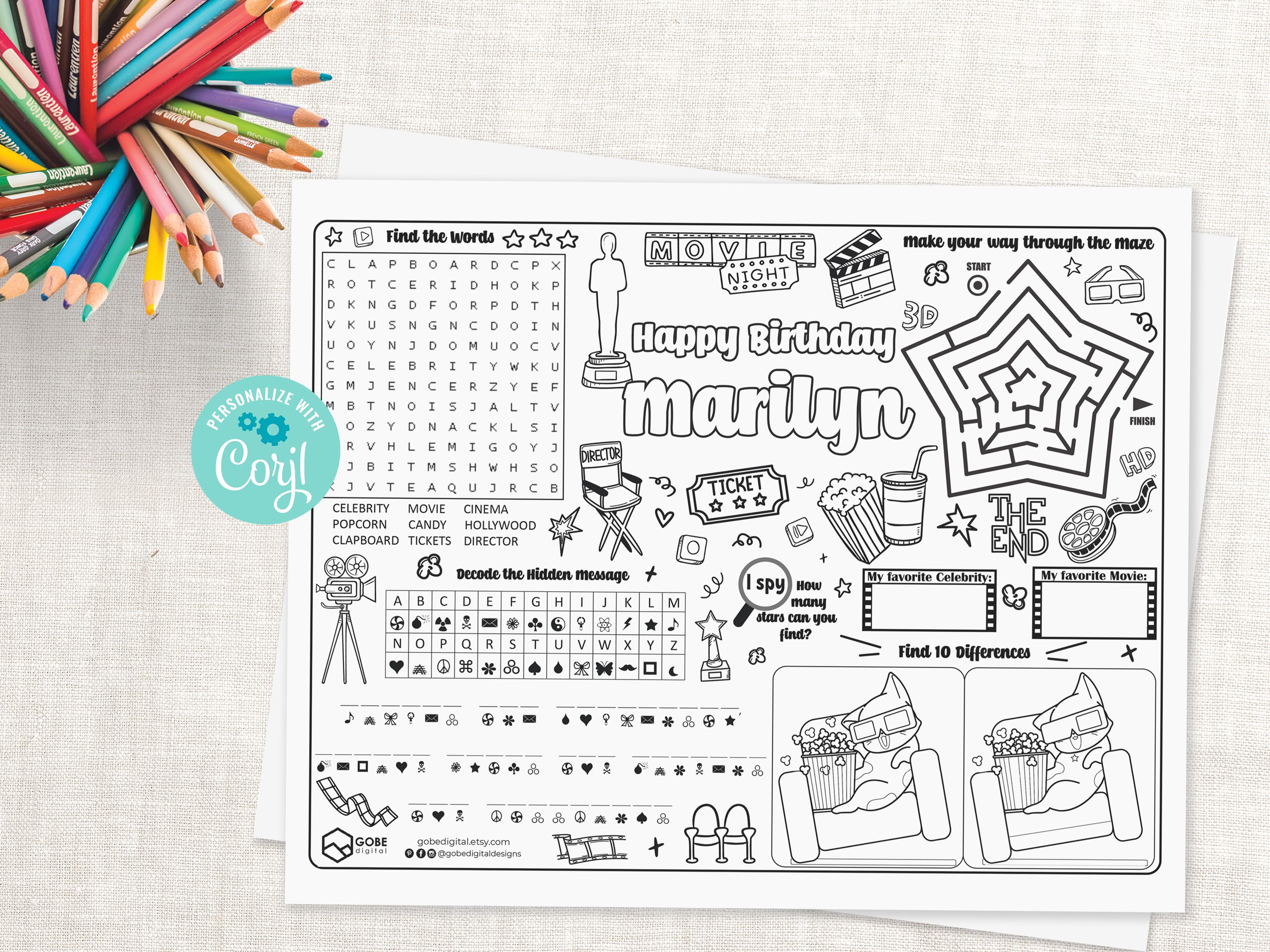 Movie Night Activity Sheet | Hollywood Movie Night Party Favor | Movie ...