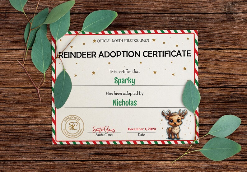 Santa's Official Reindeer Adoption Certificate. Adopt a Reindeer. Pet ...