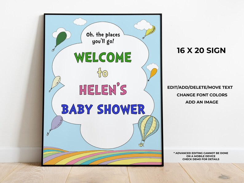 Hot Air Balloon Baby Shower Welcome Sign 16 X 20 Inches Instant Digital ...