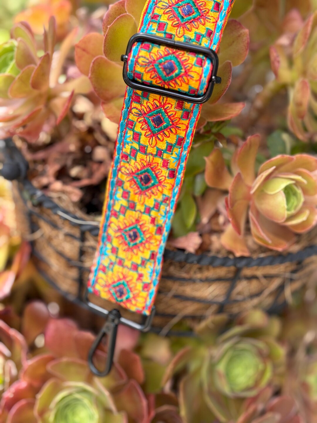 Adjustable Boho Bag Strap, Brocade Geometric Design, Yellow Red Blue ...
