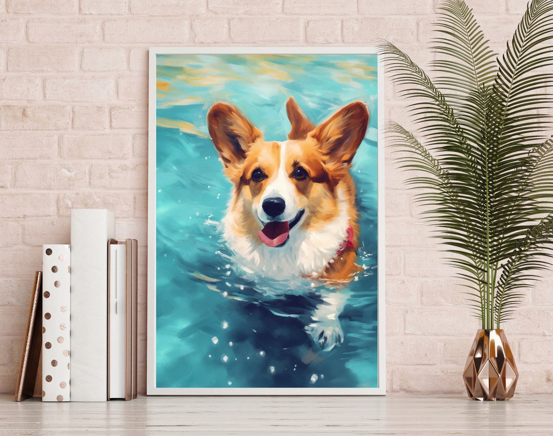 Swimming Corgi, Corgi Print, Pet Painting, Dog Prints, Dog Lover Gift ...