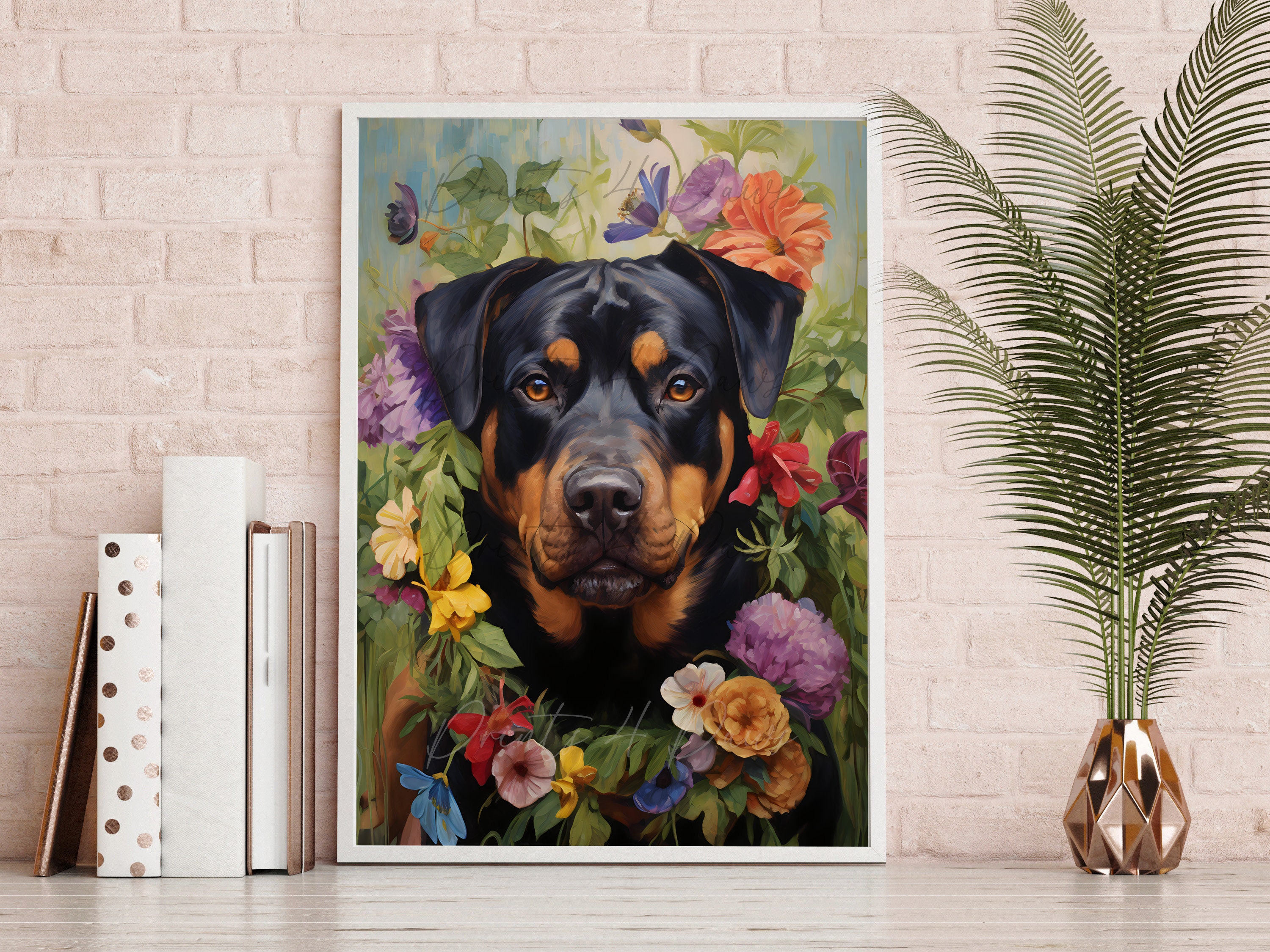Rottweiler With Flowers, Pet Painting, Dog Prints, Dog Lover Gift, Wall ...