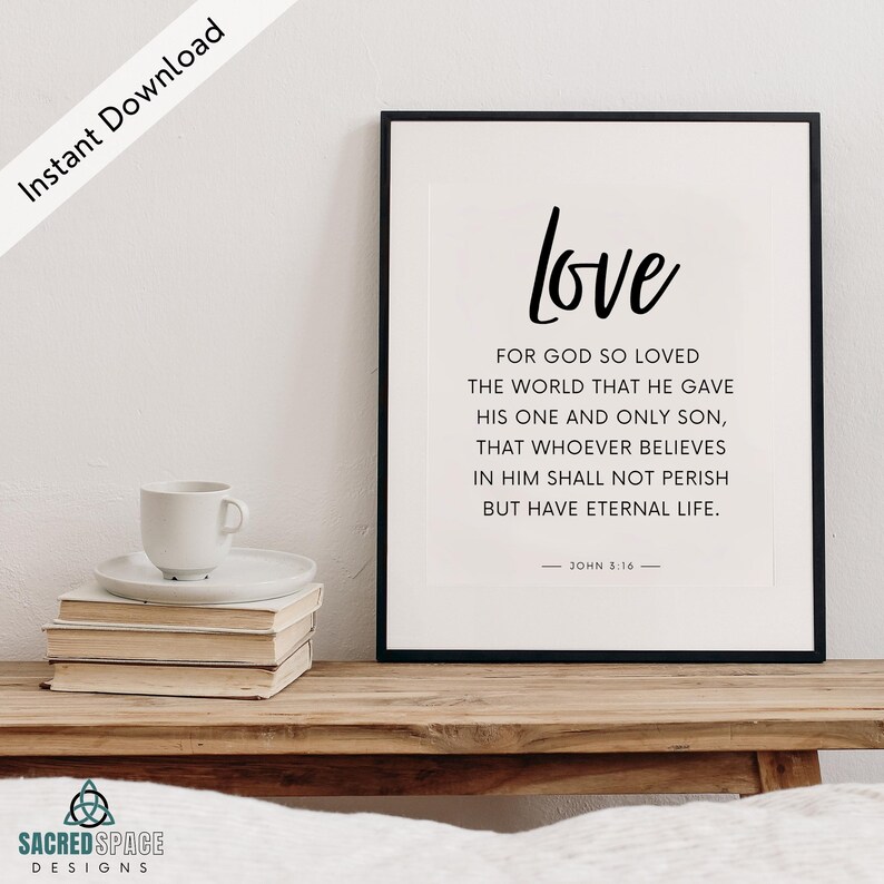 John 3 16 God Love Bible Verse Wall Art Printable Scripture Print Black ...