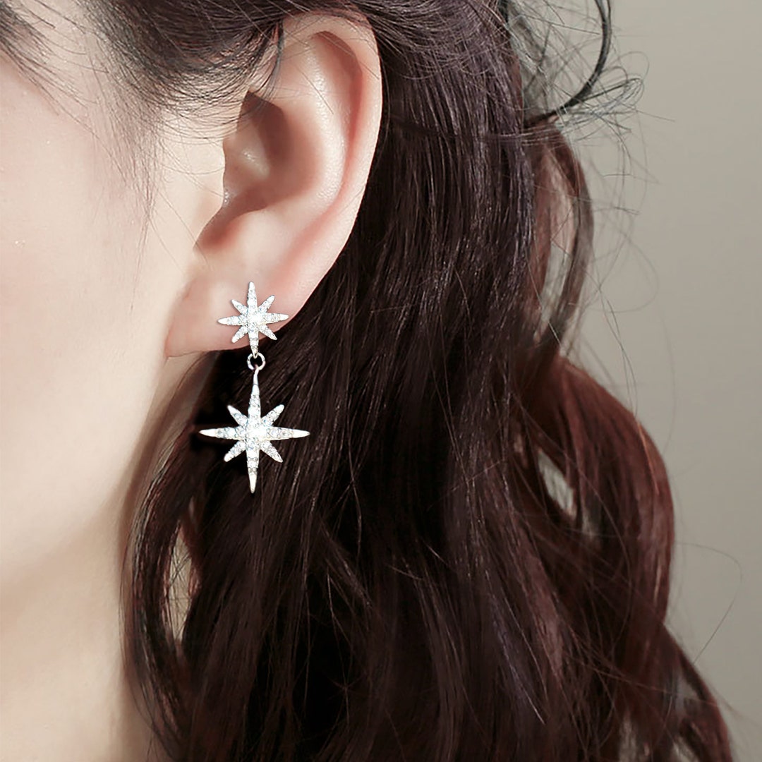 Starburst Double Drop Earrings, Starburst Earring, Pave Star Earrings ...