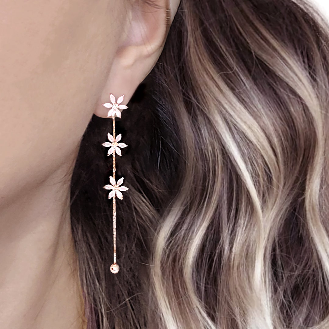 Pink Flower Drop Earrings, S925 Flower Linear Earrings, Flower Dangle ...