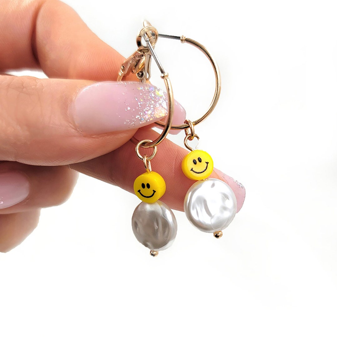 Smiley Face & Pearl Dangle Clutchless Hoop Earrings, 20mm Hoop Earring ...