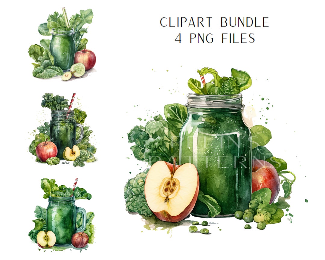 Fresh Green Smoothie Watercolor Clipart PNG - Etsy
