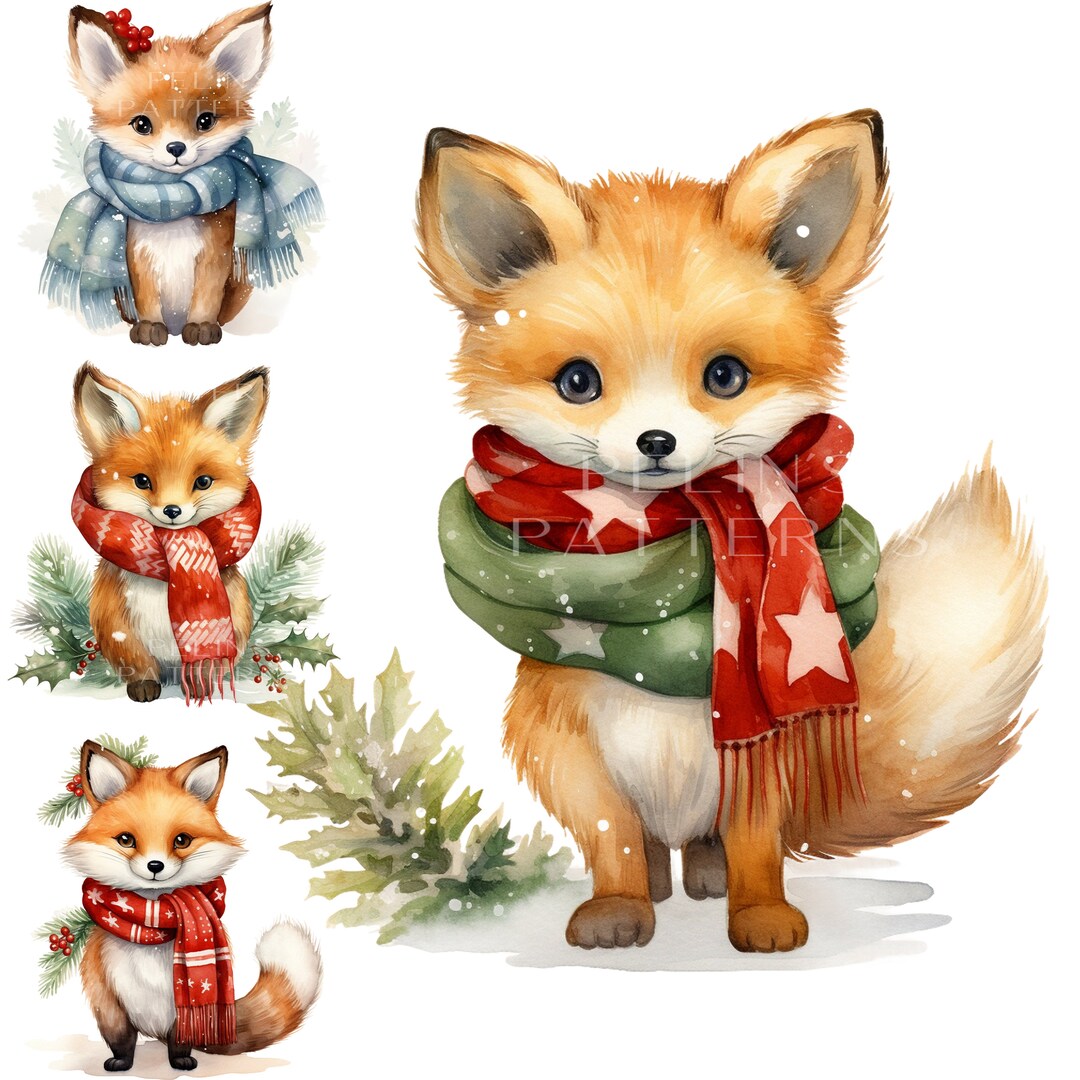 Christmas Fox Watercolor Clipart PNG, Christmas Illustration PNG - Etsy