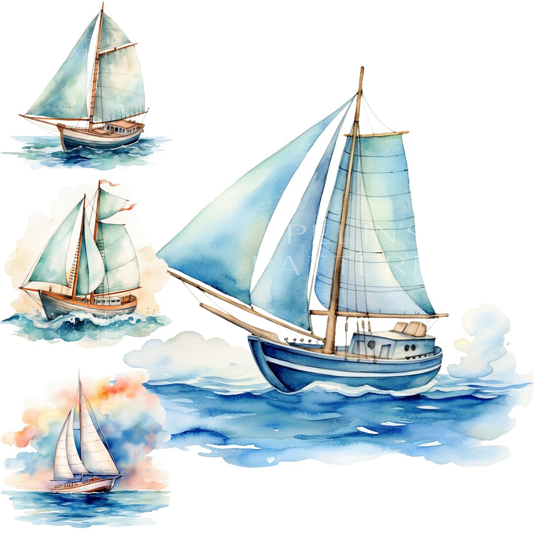 Watercolor Sailboat Clipart PNG - Etsy