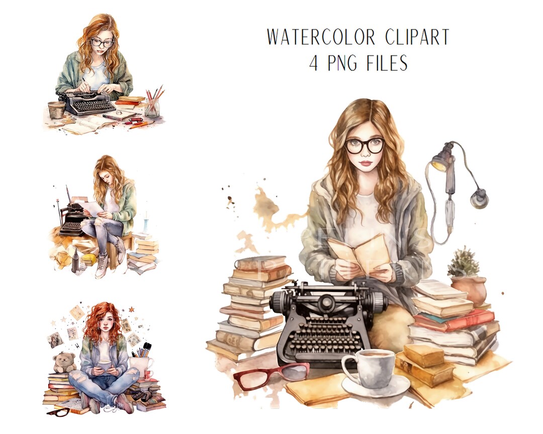 Writer Girl Watercolor Girl Clipart Png Junk Journal - Etsy