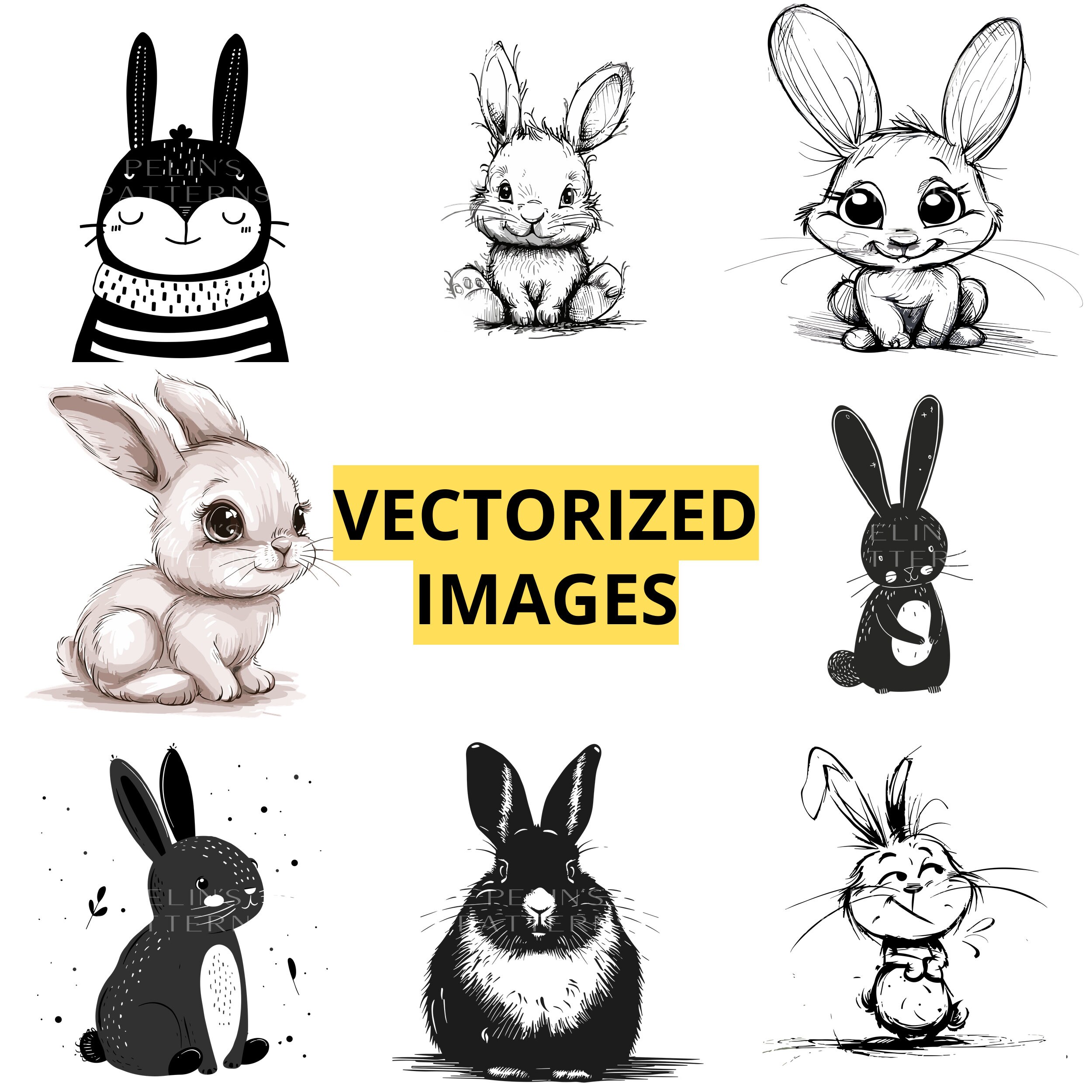 Rabbit Doodle SVG Bundle Set, Rabbit PNG Clipart, Cute Rabbits, Rabbit ...