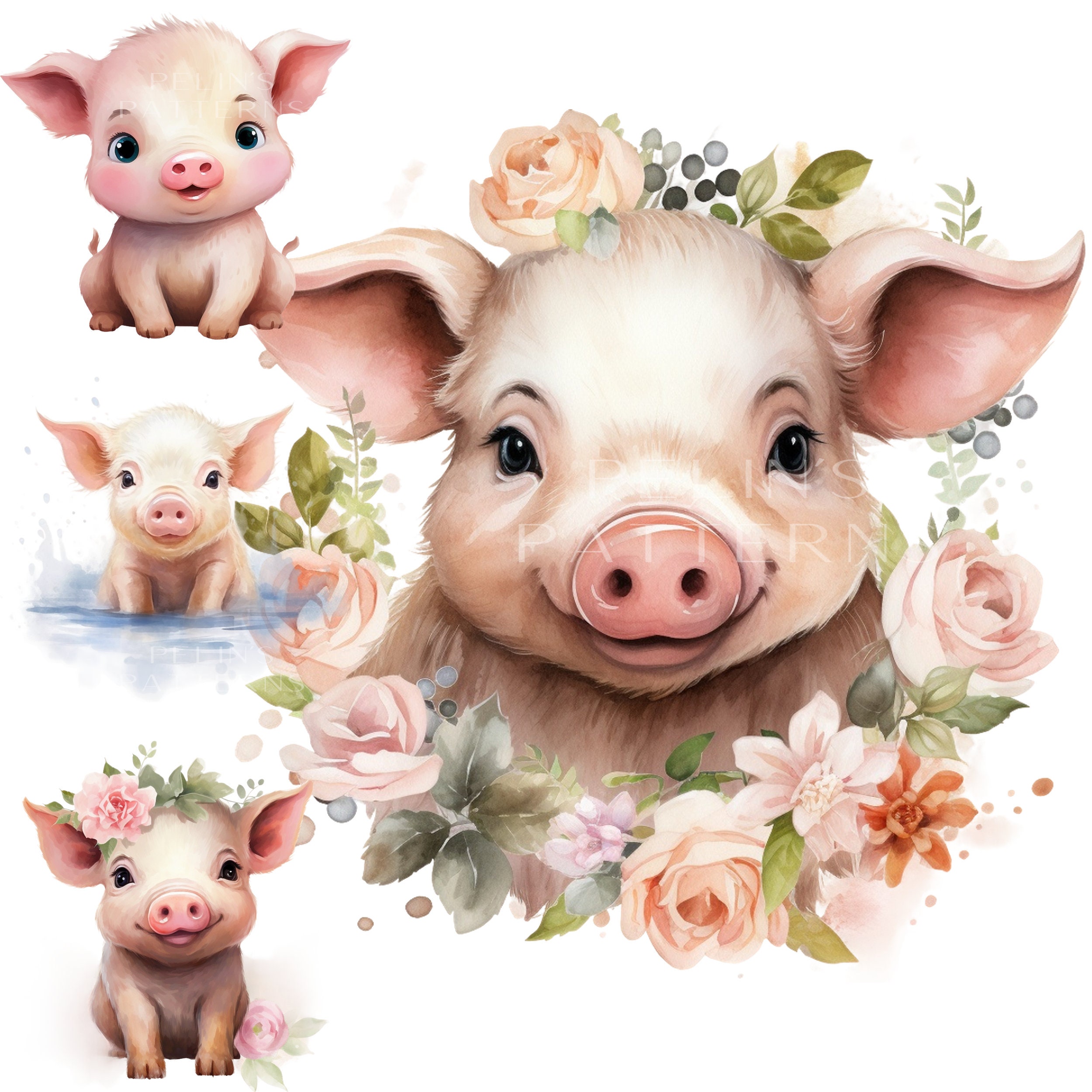 Watercolor Pig Clipart PNG - Etsy