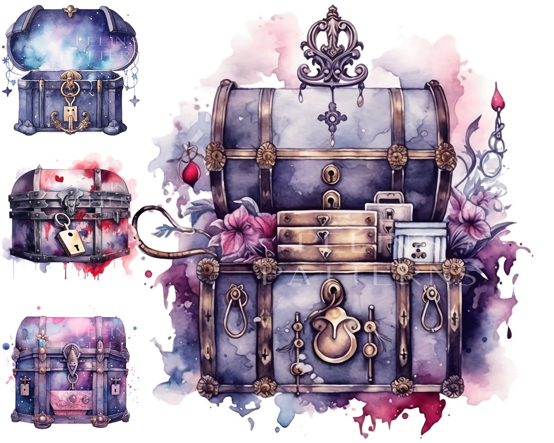 Watercolor Mystical Clipart Mysterious Locked Chest Fantasy - Etsy