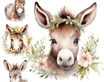 Cute Donkey Clipart, Watercolor Donkey PNG Files, Donkeys Clip Art ...