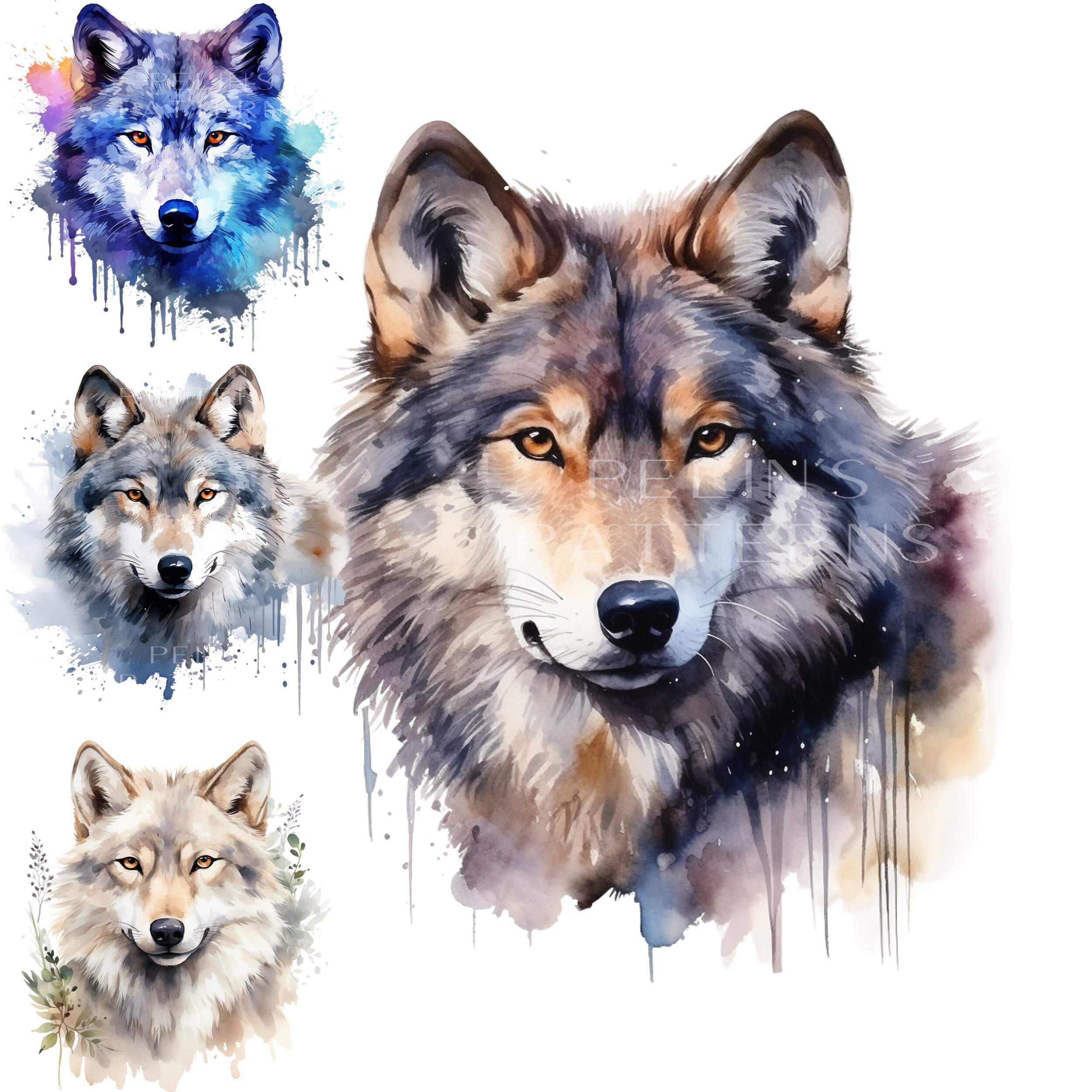 Watercolor Wolf Clipart PNG - Etsy