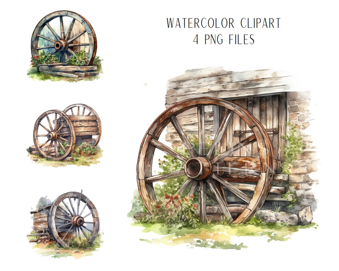 Antique Wagon Wheel Watercolor Clipart PNG - Etsy