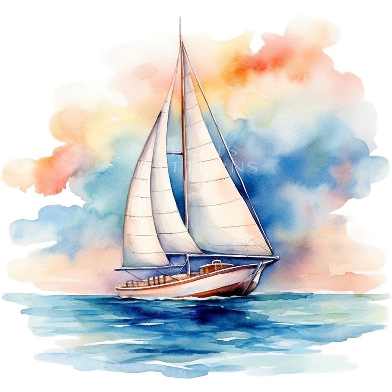 Watercolor Sailboat Clipart PNG - Etsy