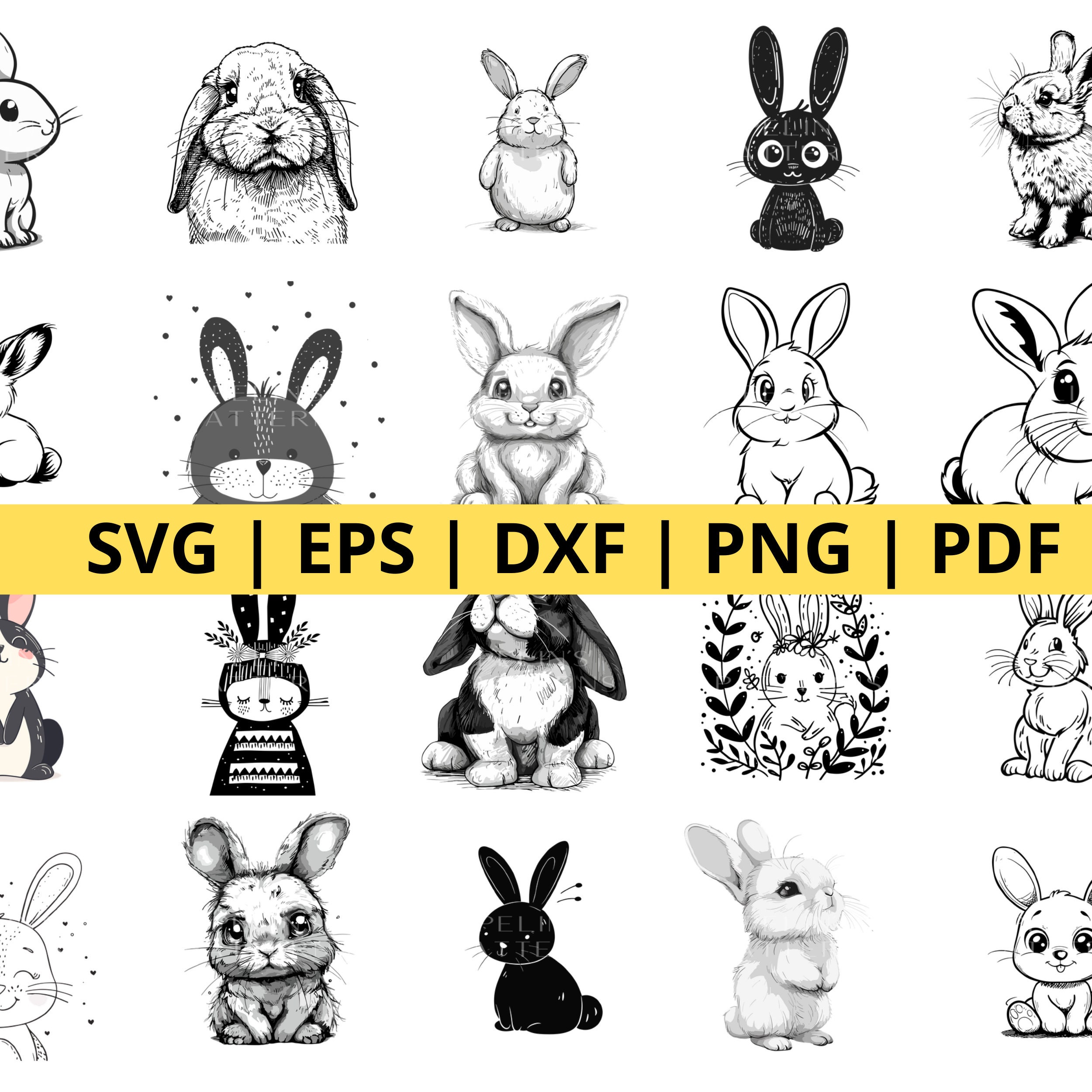 Rabbit Doodle SVG Bundle Set, Rabbit PNG Clipart, Cute Rabbits, Rabbit ...