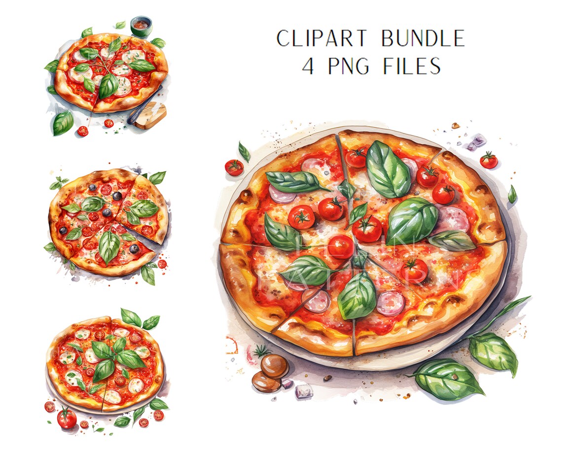 Classic Margherita Pizza Watercolor Clipart PNG - Etsy