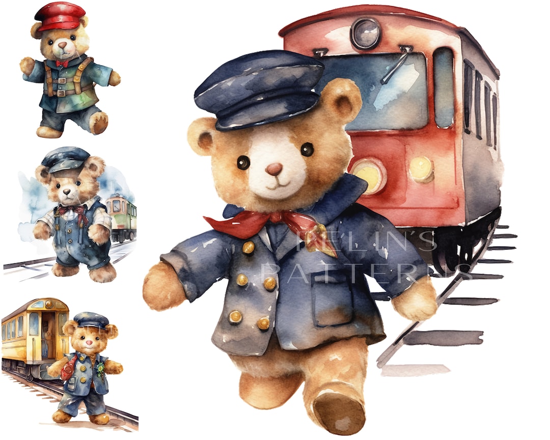 Train Conductor Teddy Bear Clipart Watercolor Clipart - Etsy