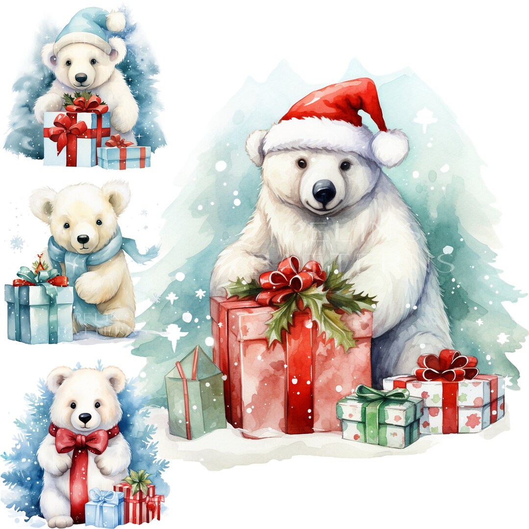 Christmas Polar Bear Watercolor Clipart PNG, Christmas Illustration PNG ...