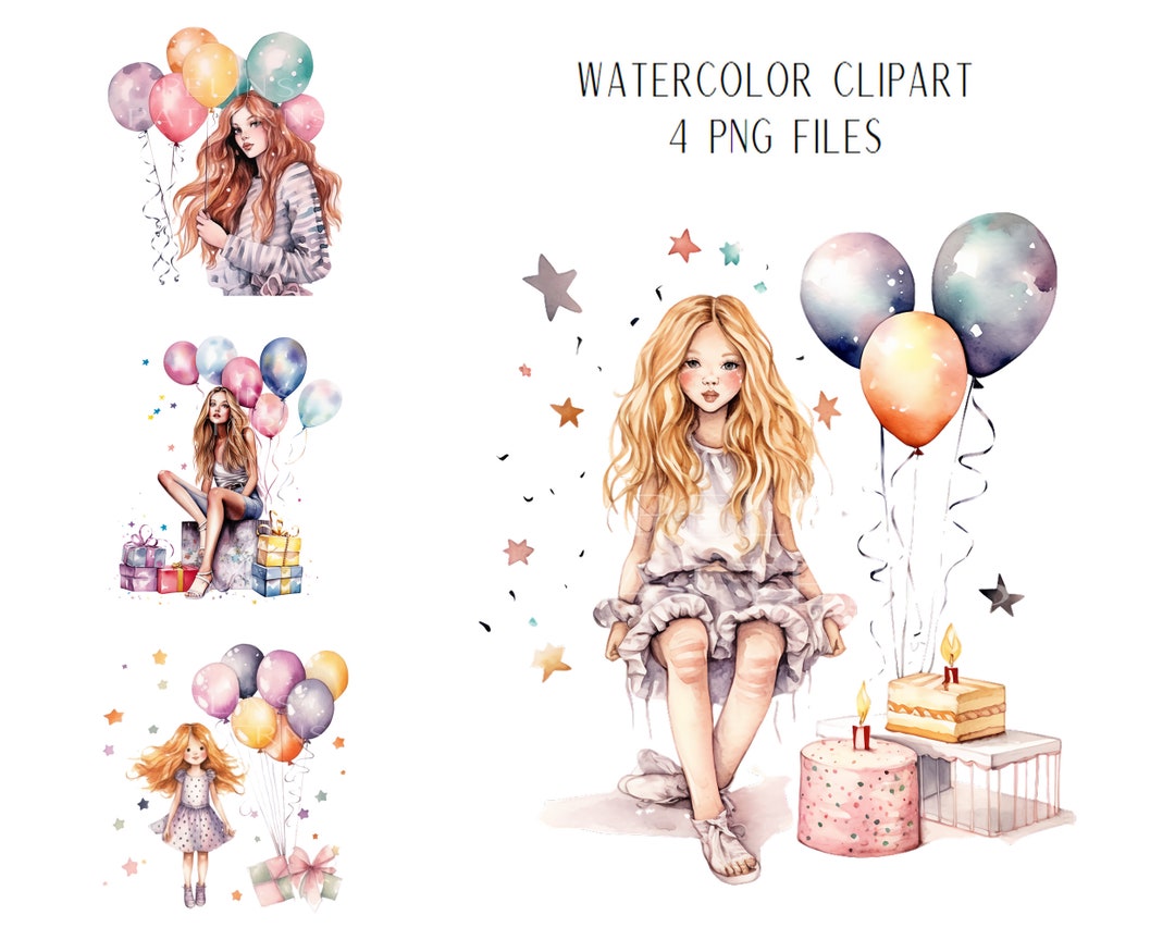 Birthday Girl Watercolor Girl Clipart Png Junk Journal Etsy