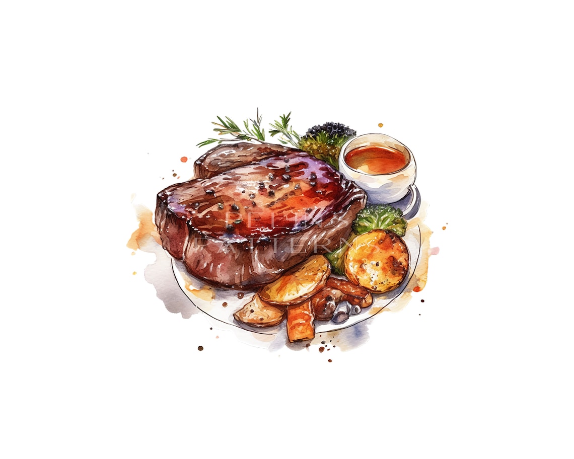 Steak Dinner Watercolor Clipart PNG - Etsy