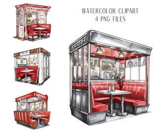 Watercolor Retro Diner Clipart Set of 20 Files With Instant Download ...