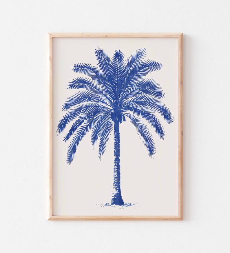 Vintage Blue Tropical Print | Coastal Wall Decor | Retro Palm Tree Art ...