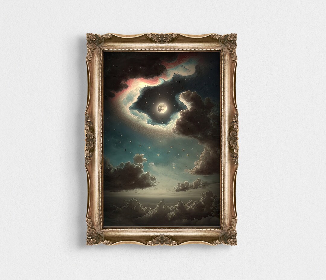 Moon and Stars Vintage Cloudy Painting - Digital Print - Night Gothic ...
