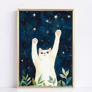 White Cat Celestial Art Print | Night Sky Animal Illustration | Moon ...