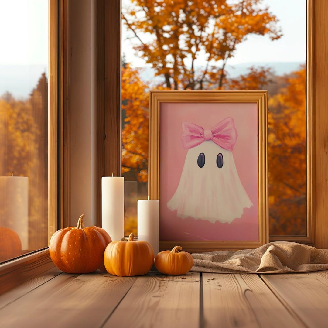 Pink Bow Ghost Wall Art Print | Halloween Decor | Preppy Trendy ...