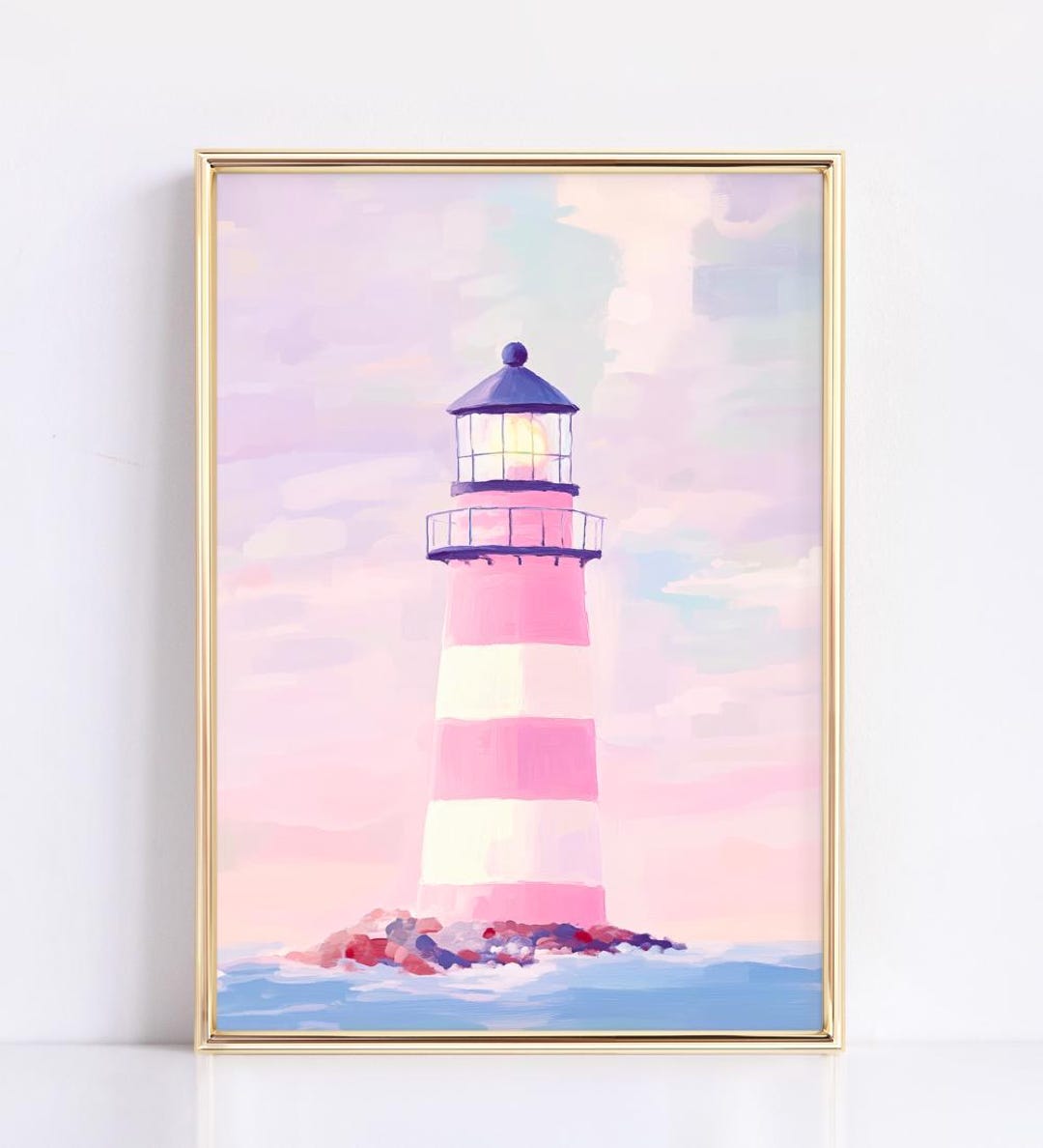 Pastel Lighthouse Art | Pink and White Striped Lighthouse Coastal Print ...