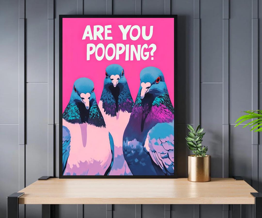 Funny Pooping Pigeon Poster | Quirky Digital Art | Purple Pink Bathroom ...