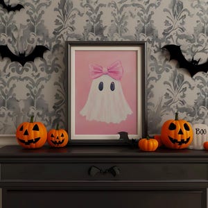 Pink Bow Ghost Wall Art Print | Halloween Decor | Preppy Trendy ...