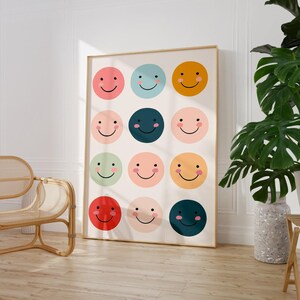 Modern Retro Smiley Face Print | Boho Rainbow Kids Wall Art | Colorful ...