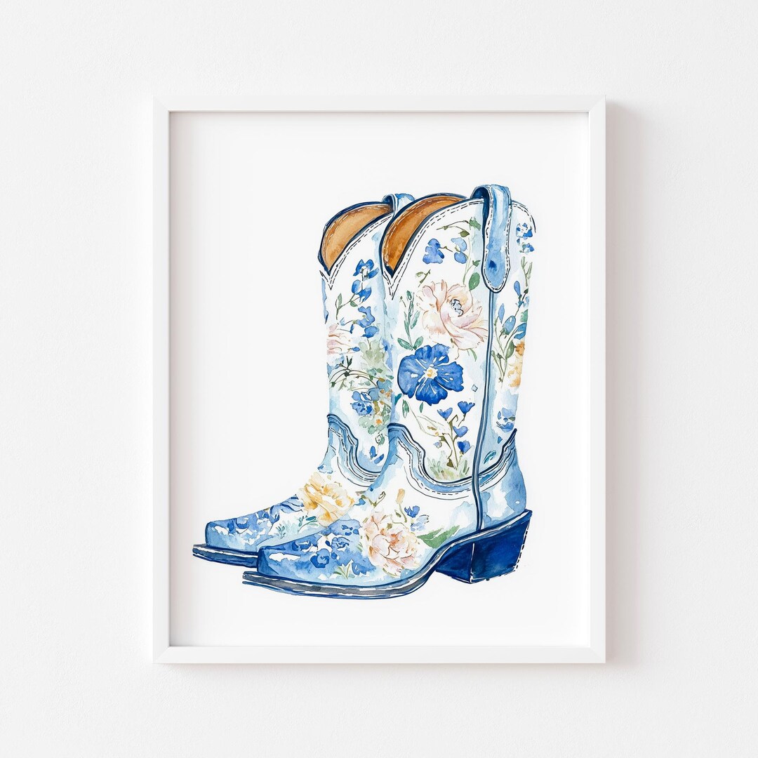 Blue and White Watercolor Cowboy Boots Print Aesthetic Cowgirl Boot ...